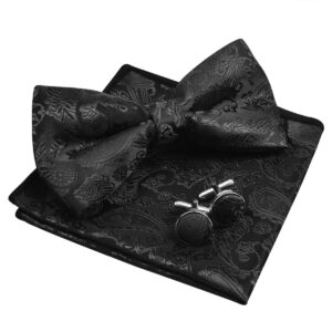 alizeal mens paisley bow tie, pocket square, cufflinks set (black)