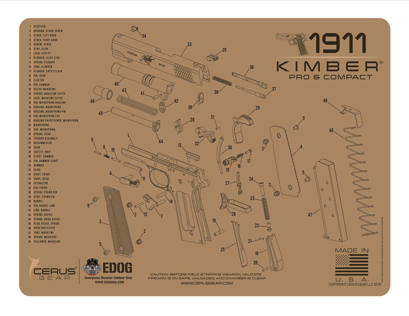 EDOG Range Warrior 27 Pc Gun Cleaning Kit - Compatible with Kimber 1911 Compact & Pro - Tan - Schematic (Exploded View) Mat, Range Warrior Universal .22 9mm - .45 Kit & Tac Book Accessories Set