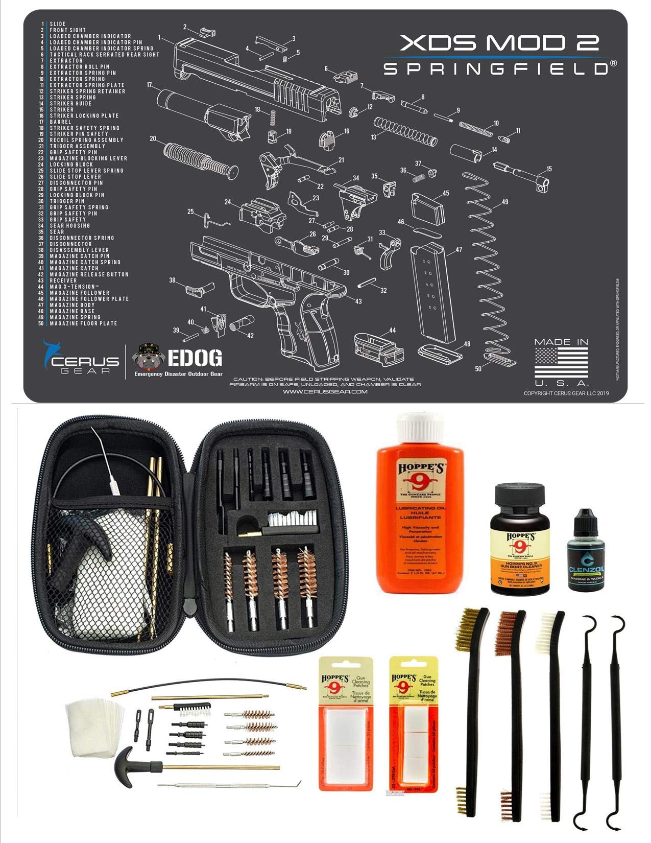 EDOG Range Warrior 27 Pc Gun Cleaning Kit - Compatible with Springfield Armory XD Mod 2 - Schematic (Exploded View) Mat, Range Warrior Universal .22 9mm - .45 Kit & Tac Book Accessories Set