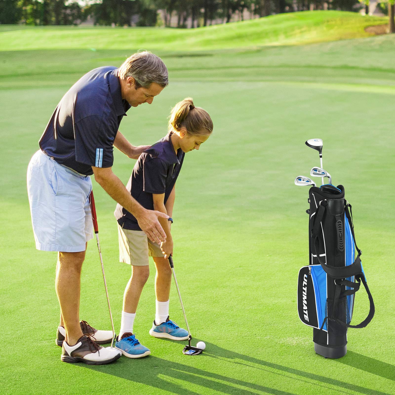 Tangkula Junior Golf Club Set for Children Right Hand, Includes #3 Fairway Wood & #7/#9 Irons, Putter, Head Cover & Rain Hood, Golf Stand Bag, Perfect for Children, Kids