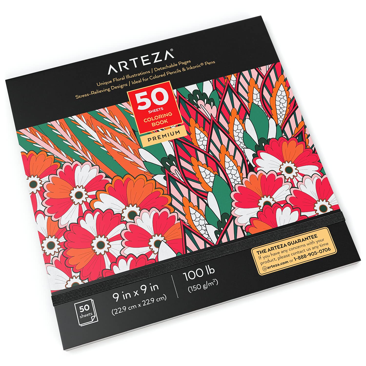 ARTEZA Adult Coloring Book, Floral Designs, 9x9 Inches, Stress-Relieving Coloring Pages with 50 One-Sided Images, 100 lb Paper