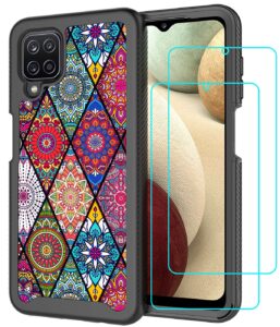 lexnec cover case for samsung galaxy a12 case with tempered glass screen protector [2 pack],armor protective boys men girls women floral flower bumper phone case cover (6.5",2021)[colorful mandala]