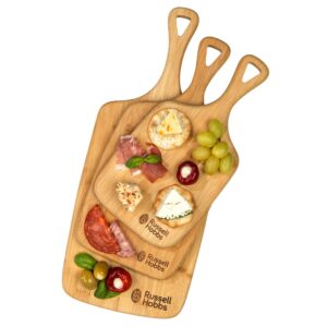 russell hobbs rh01971eu 3 piece bamboo chopping board set - reversible paddle, food preparation & charcuterie platter cheese board set, strong & durable, grazing board, 30/35/45cm with hanging holes