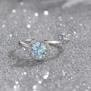 Presentski March Birthstone Rings for Women Sterling Silver CZ Blue Aquamarine Birthstone Adjustable Rings