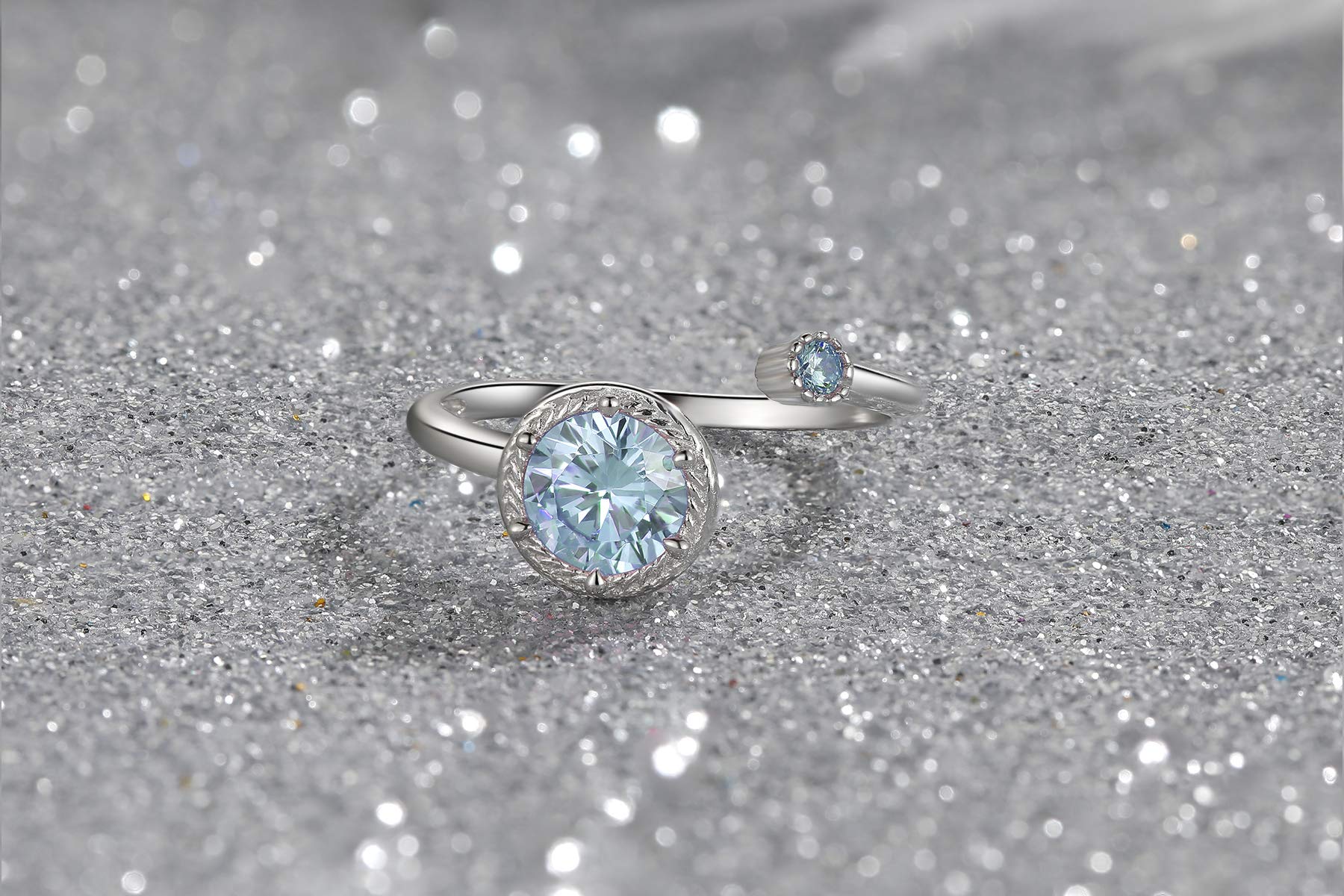 Presentski March Birthstone Rings for Women Sterling Silver CZ Blue Aquamarine Birthstone Adjustable Rings