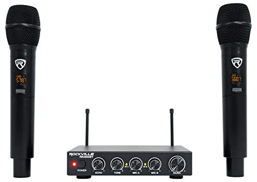 Rockville RKI65BT Dual UHF Wireless Microphones+Bluetooth Karaoke Mic Interface, Black