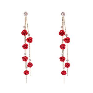 red rose tassel long drop earring 3d rose flower drop earrings cz crystal rhinestone rose fashion statement dangle earrings purple flower tassel earring jewelry bar party gifts for women -red a