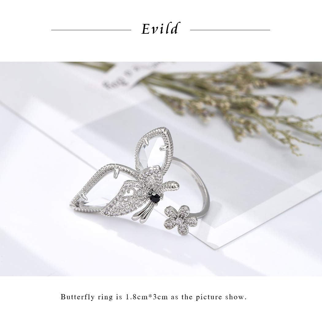 EVILD Rhinestone Butterfly Ring Bow-Knot Knuckle Ring Adjustable Open Ring Expandable Joint Ring for Women (A)