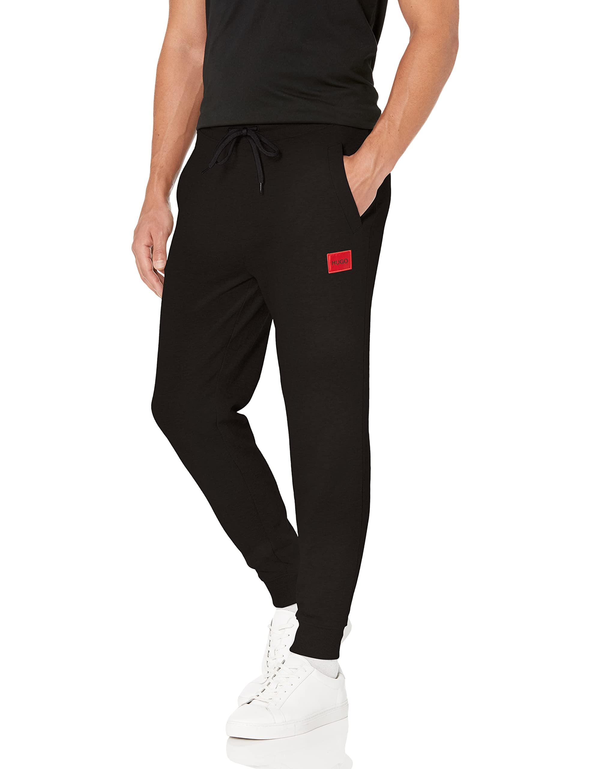 HUGO Boss Mens Regular Fit Square Logo Jersey Drawstring Joggers Sweatpants, Raven Black, X-Large US