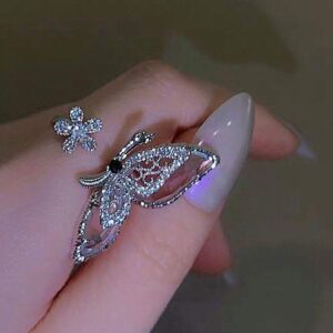 EVILD Rhinestone Butterfly Ring Bow-Knot Knuckle Ring Adjustable Open Ring Expandable Joint Ring for Women (A)