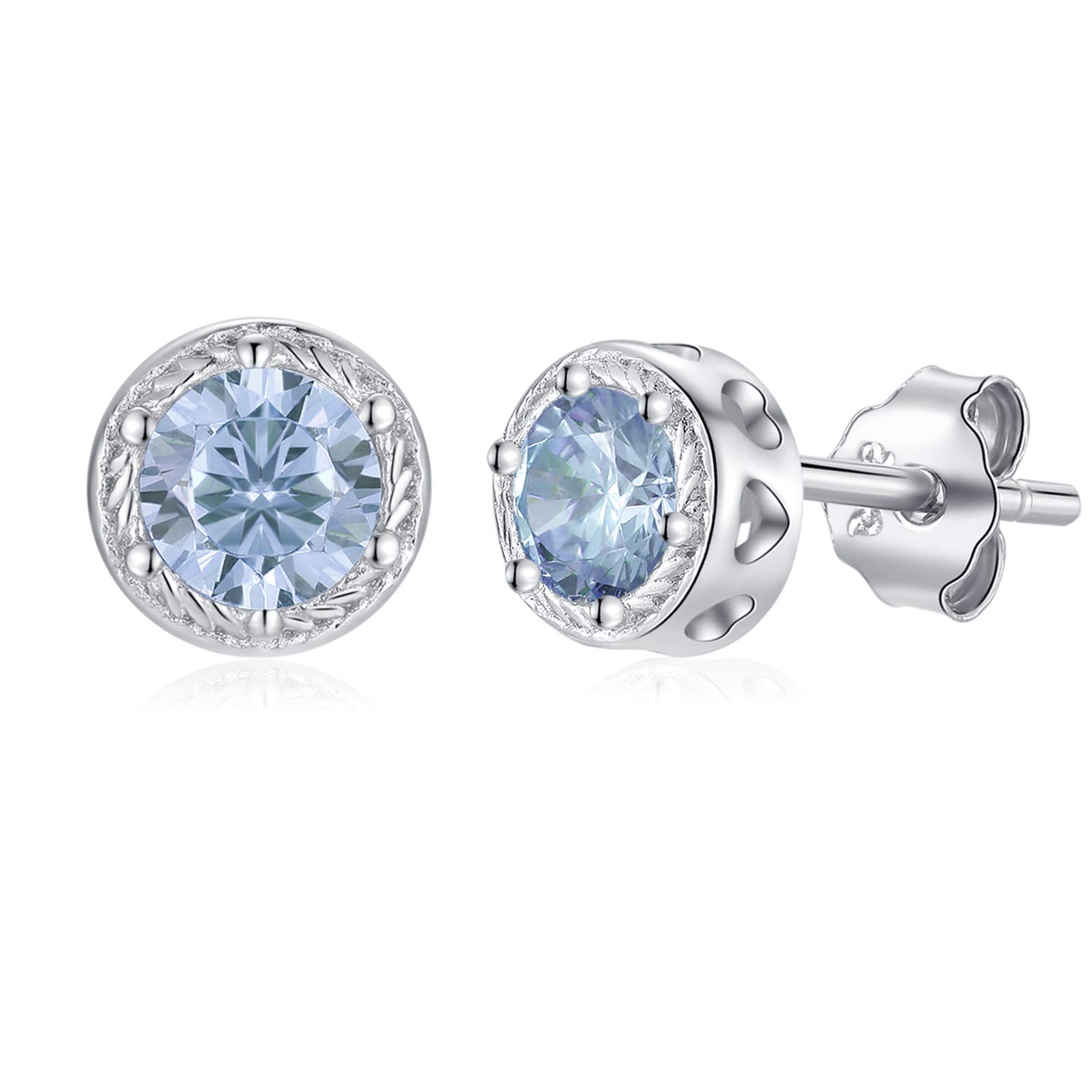 Presentski March Birthstone Stud Earrings White Gold for Mom Sterling Silver Blue Crystal Earrings Studs