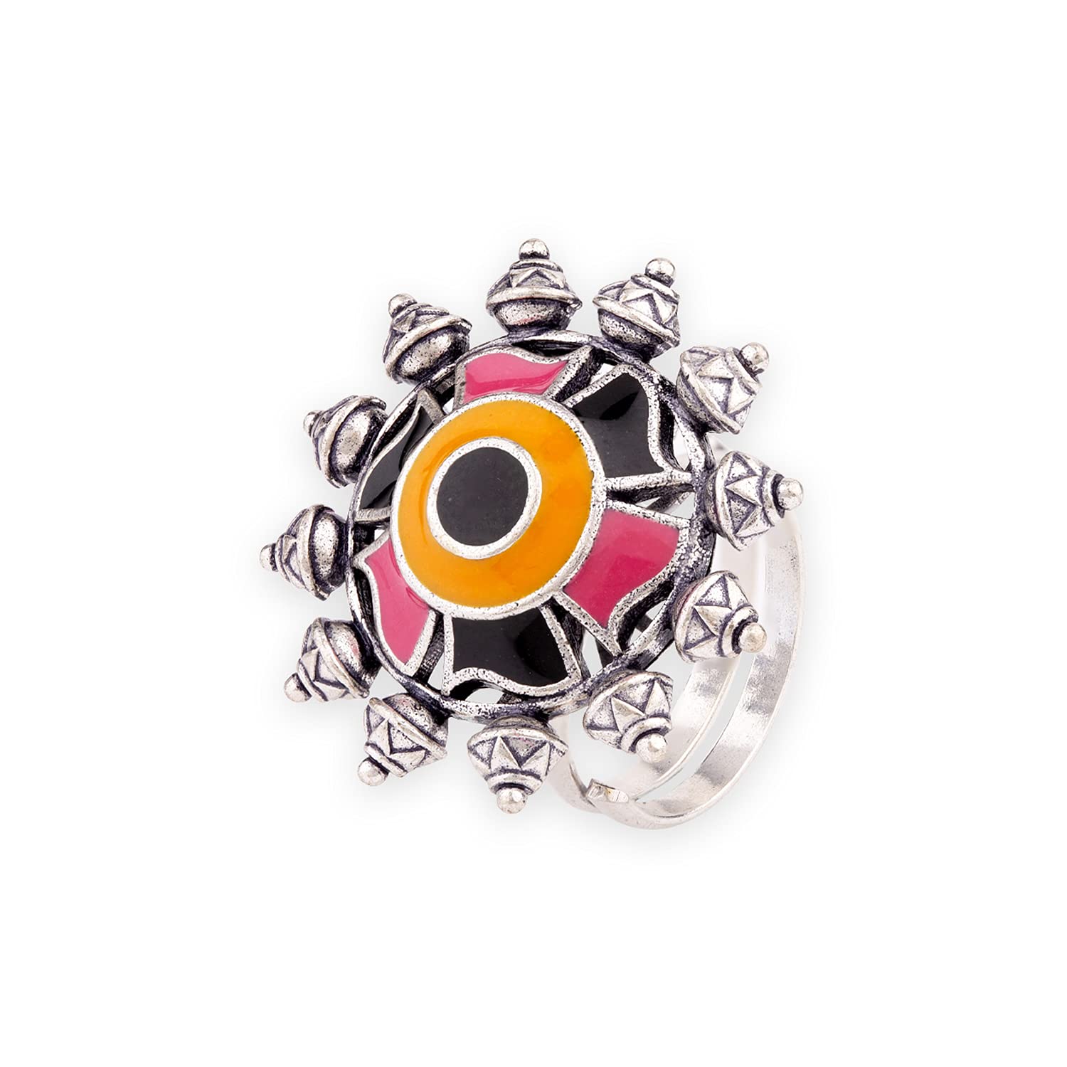 VOYLLA Women's Kalbelia Enamel Embellished Ring (Silver)