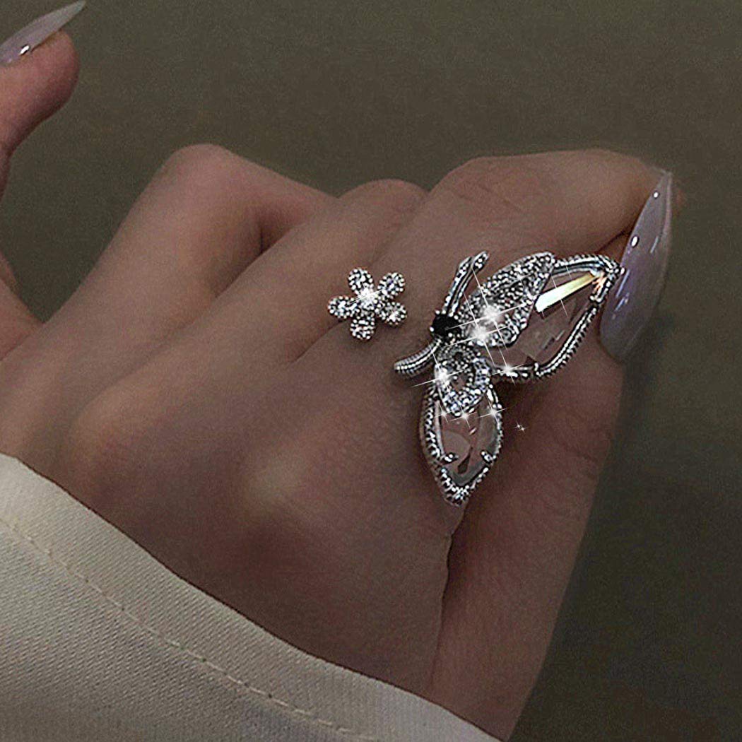 EVILD Rhinestone Butterfly Ring Bow-Knot Knuckle Ring Adjustable Open Ring Expandable Joint Ring for Women (A)