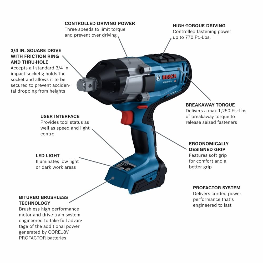 BOSCH GDS18V-770N PROFACTOR™ 18V 3/4 In. Impact Wrench with Friction Ring and Thru-Hole (Bare Tool)