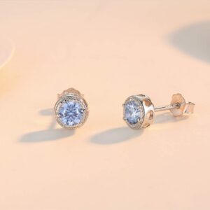 Presentski March Birthstone Stud Earrings White Gold for Mom Sterling Silver Blue Crystal Earrings Studs