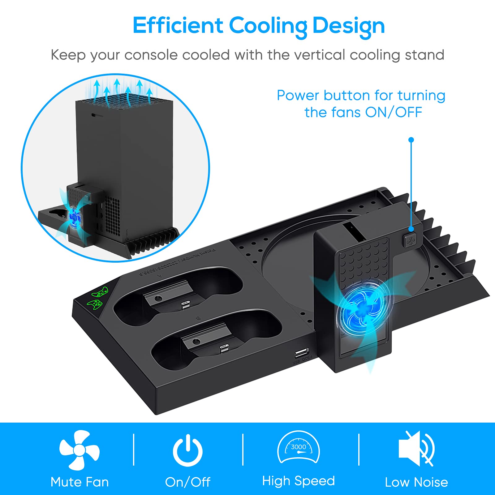 YUANHOT Vertical Cooling Stand Compatible with Xbox Series X, Charging Station Dock with 1400mAh Rechargeable Battery Pack and Dual Controller Charger Ports (NOT Compatible with Xbox One X/S), Black