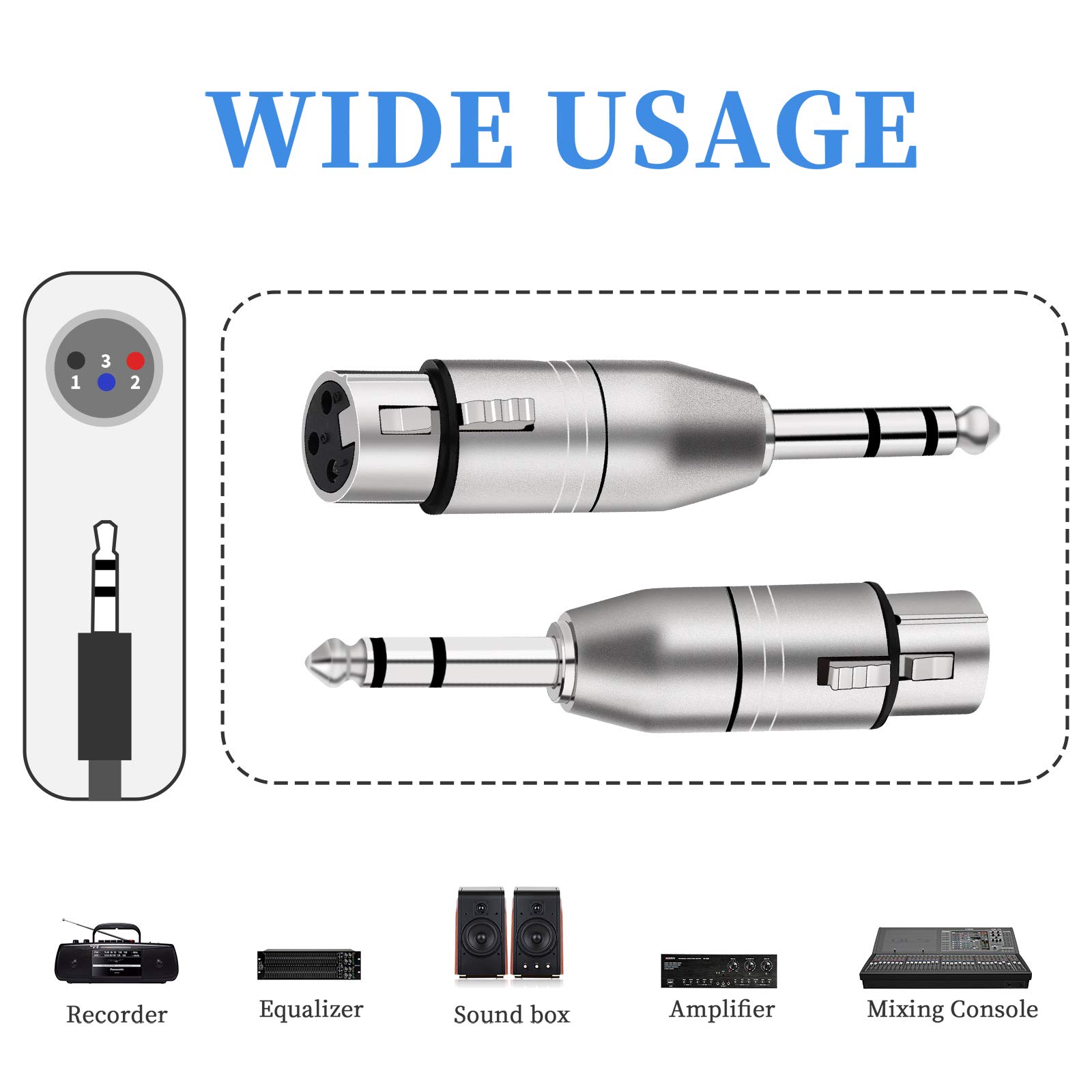 tisino XLR Female to 1/4" TRS Adapter, Balanced Female XLR to Quarter Inch 6.35mm Male Adapters - 2 Pack