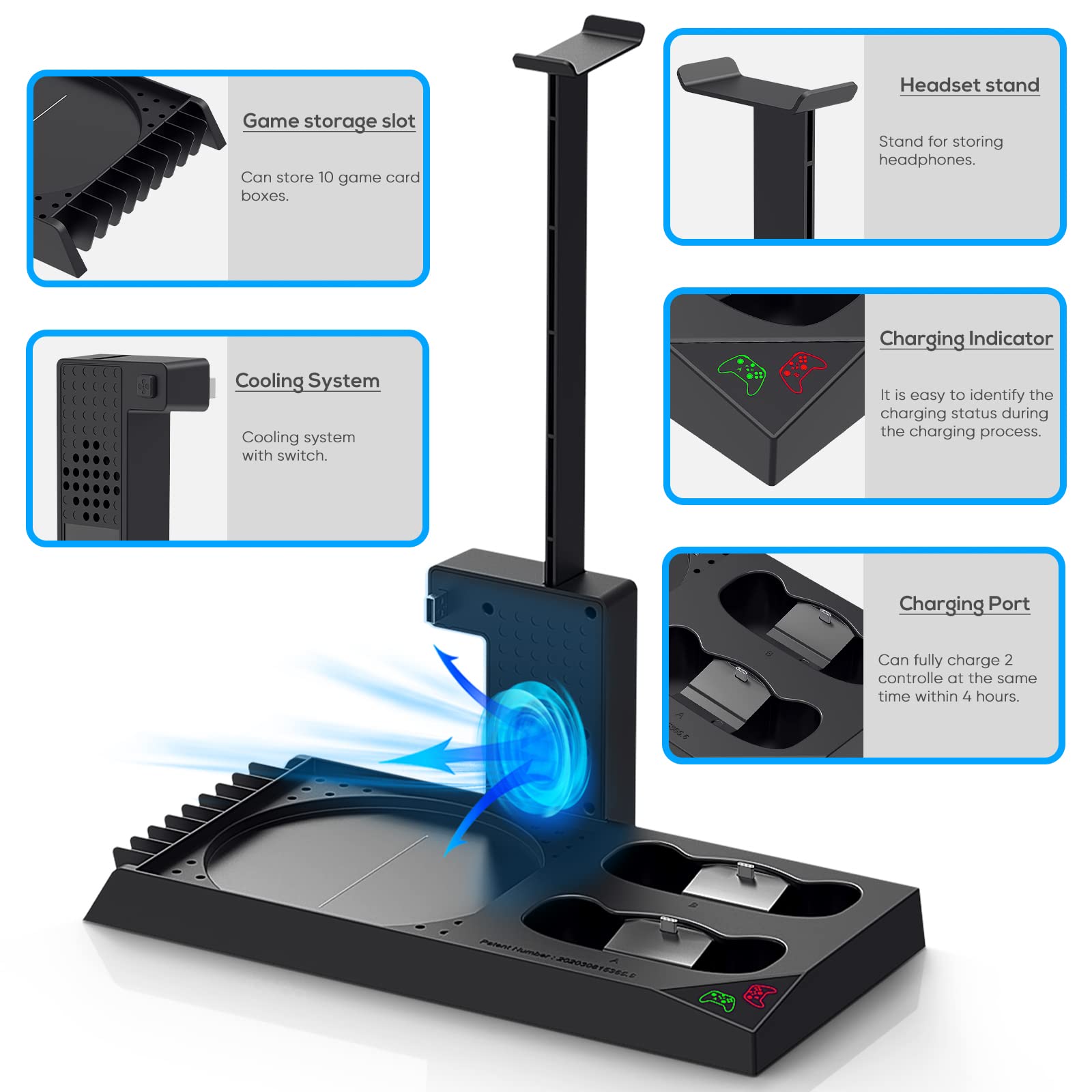 YUANHOT Vertical Cooling Stand Compatible with Xbox Series X, Charging Station Dock with 1400mAh Rechargeable Battery Pack and Dual Controller Charger Ports (NOT Compatible with Xbox One X/S), Black