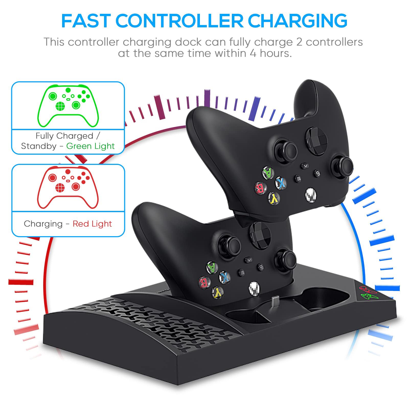 Charger Stand with Cooling Fan for Xbox Series S Console and Controller,Vertical Dual Charging Dock Accessories with 2 x 1400mAh Rechargeable Battery and Cover, Earphone Bracket for XSS(Black)