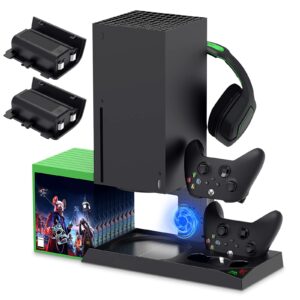 yuanhot vertical cooling stand compatible with xbox series x, charging station dock with 1400mah rechargeable battery pack and dual controller charger ports (not compatible with xbox one x/s), black