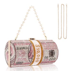 tanosii women stack of cash evening bag crystal rhinestone clutch money shoulder bag dollar bill purse cylindrical shape pink