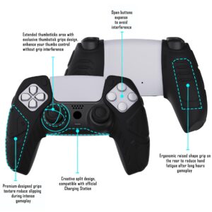 PlayVital Mecha Edition Black Ergonomic Soft Controller Silicone Case Grips for ps5, Rubber Protector Skins with Thumbstick Caps for ps5 Controller - Compatible with Charging Station