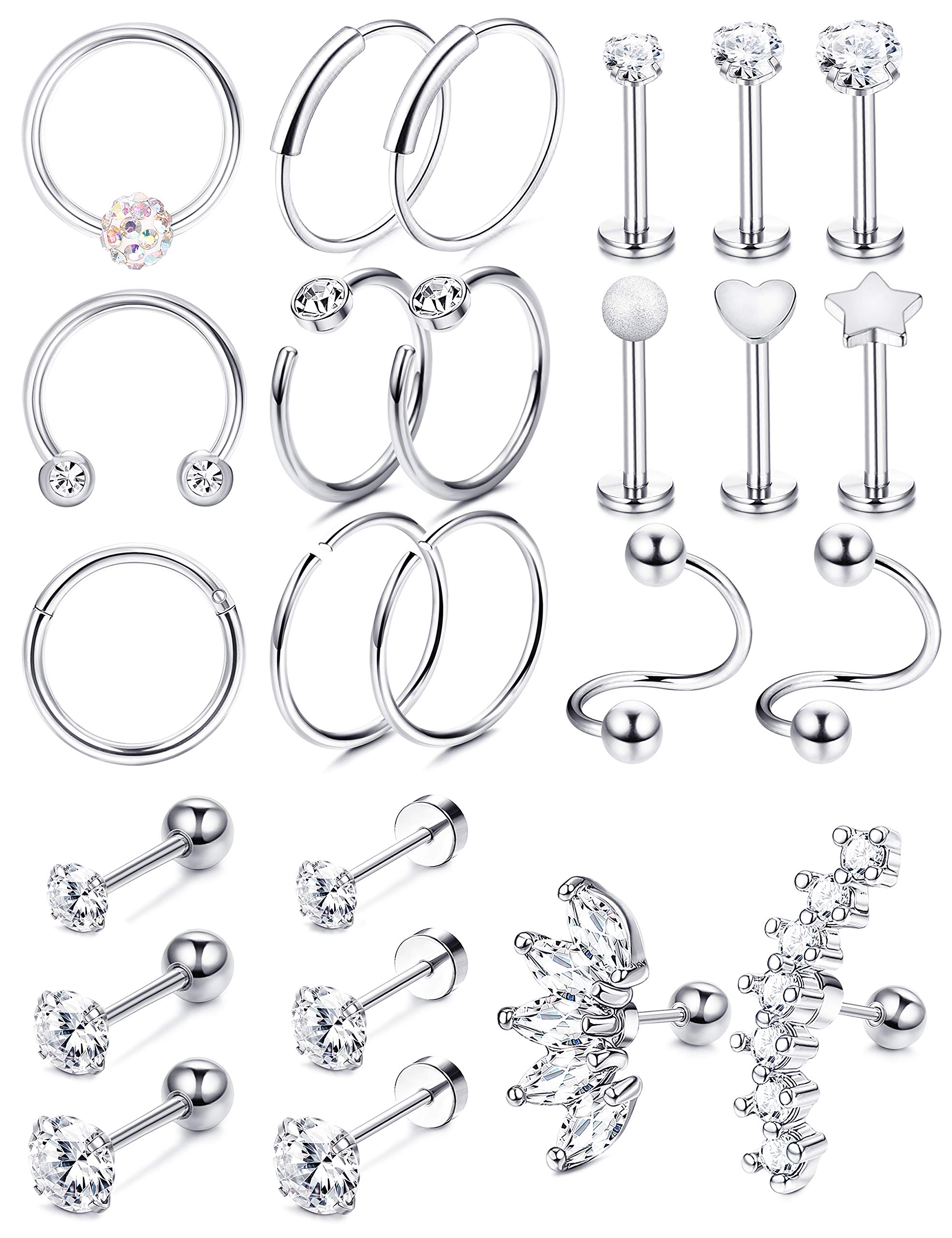 LOYALLOOK 25Pcs Cartilage Earrings Hoop Studs for Women 16-20G Labret Flat Ball Back Earrings Daith Tragus Helix Earrings