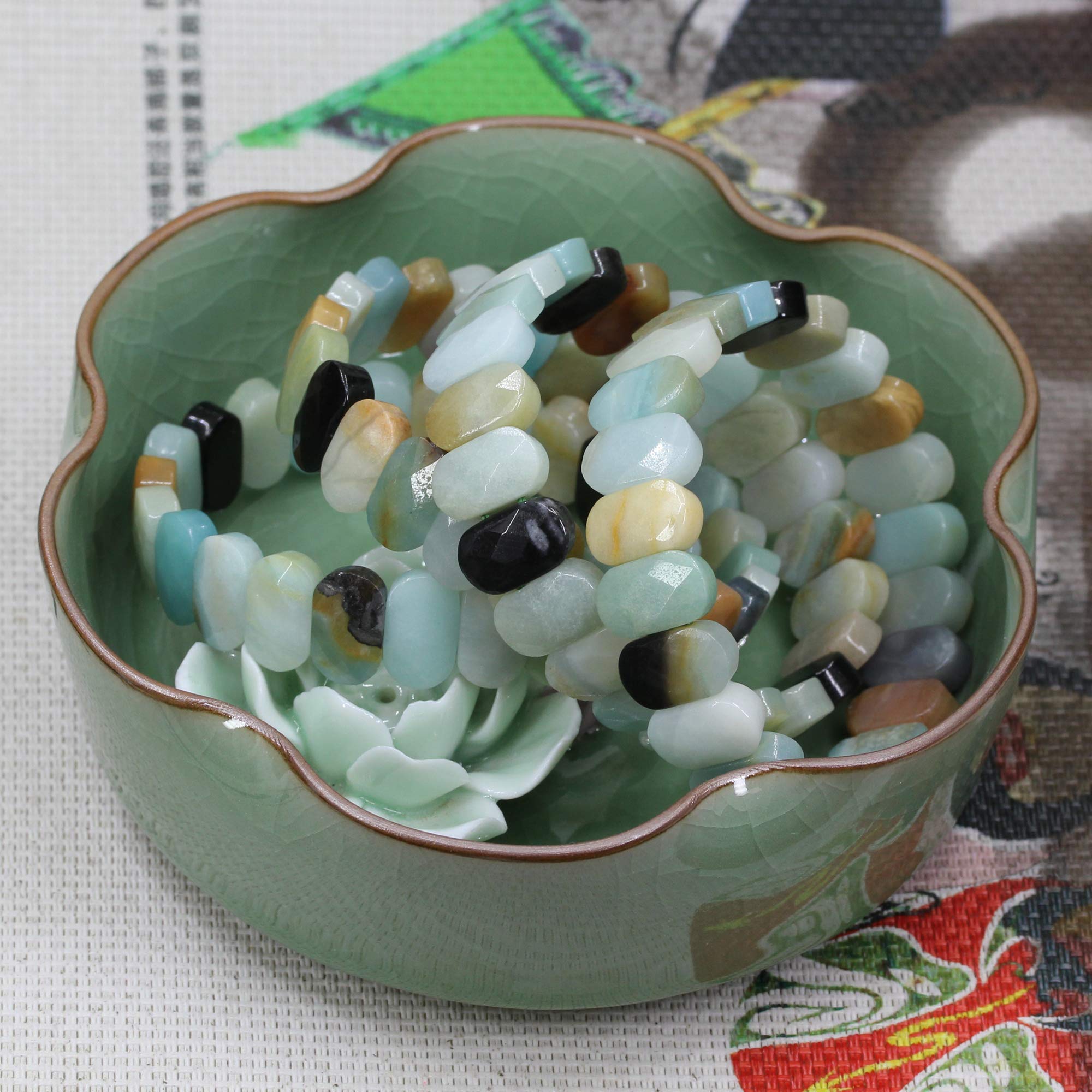 Keleny 14mm Natural Multicolor Amazonite Faceted Oval Beads Crystal Elastic Bangle 7.5 Inch