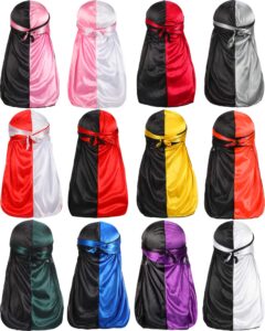 12 pieces silky durag pirate cap long tail headwraps for men and women silky durag hip hop rapper doo rag sleep hat (two-tone style)