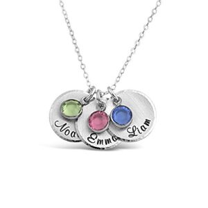 aj's collection round triple hammered edge personalized charm necklace. customize a sterling silver round pendant with names and swarovski birthstones of your choice. makes gifts for her