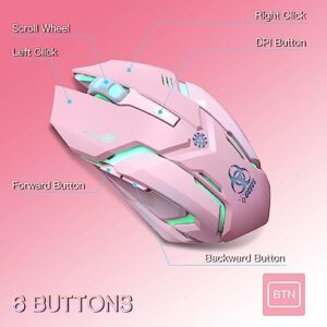 VEGCOO Pink Wireless Gaming Mouse, Silent Click Wireless Mouse with Colorful RGB LED Lights, Rechargeable Computer Mice with Side Buttons and 3 Level DPI, for Laptop and Desktop