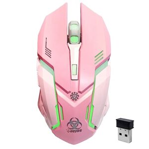 vegcoo pink wireless gaming mouse, silent click wireless mouse with colorful rgb led lights, rechargeable computer mice with side buttons and 3 level dpi, for laptop and desktop