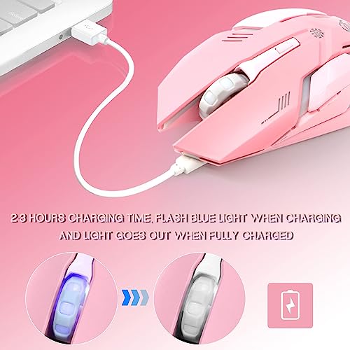 VEGCOO Pink Wireless Gaming Mouse, Silent Click Wireless Mouse with Colorful RGB LED Lights, Rechargeable Computer Mice with Side Buttons and 3 Level DPI, for Laptop and Desktop