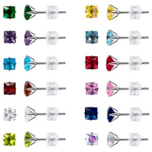 12 pairs stainless steel stud earrings for women, princess cut square cubic zirconia stud earrings, birthstone earrings stud set 3mm