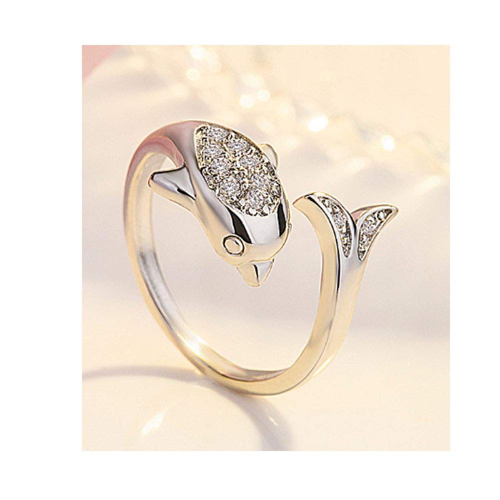 Dolphin Rings Whale Rings Stone Ring for Women Girls Teen Silver Plated Fish Ring CZ Adjustable Open Rings Toe Finger Ring Jewelry Birthday Gift