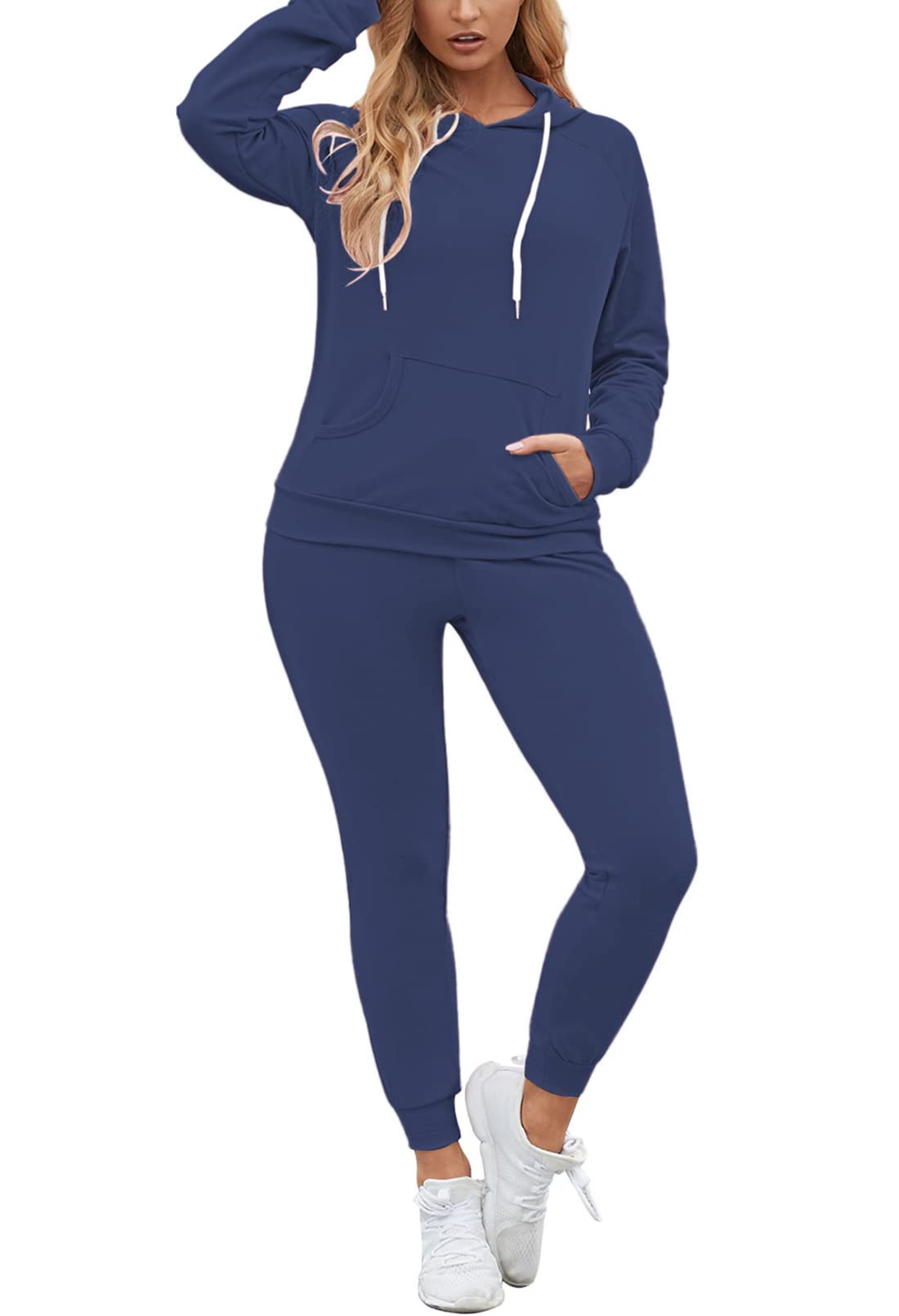 Fixmatti Hoodie Sweat Suit Women Clothing Long Sleeve Sweatpants Sport Jogger Set Navy Blue M