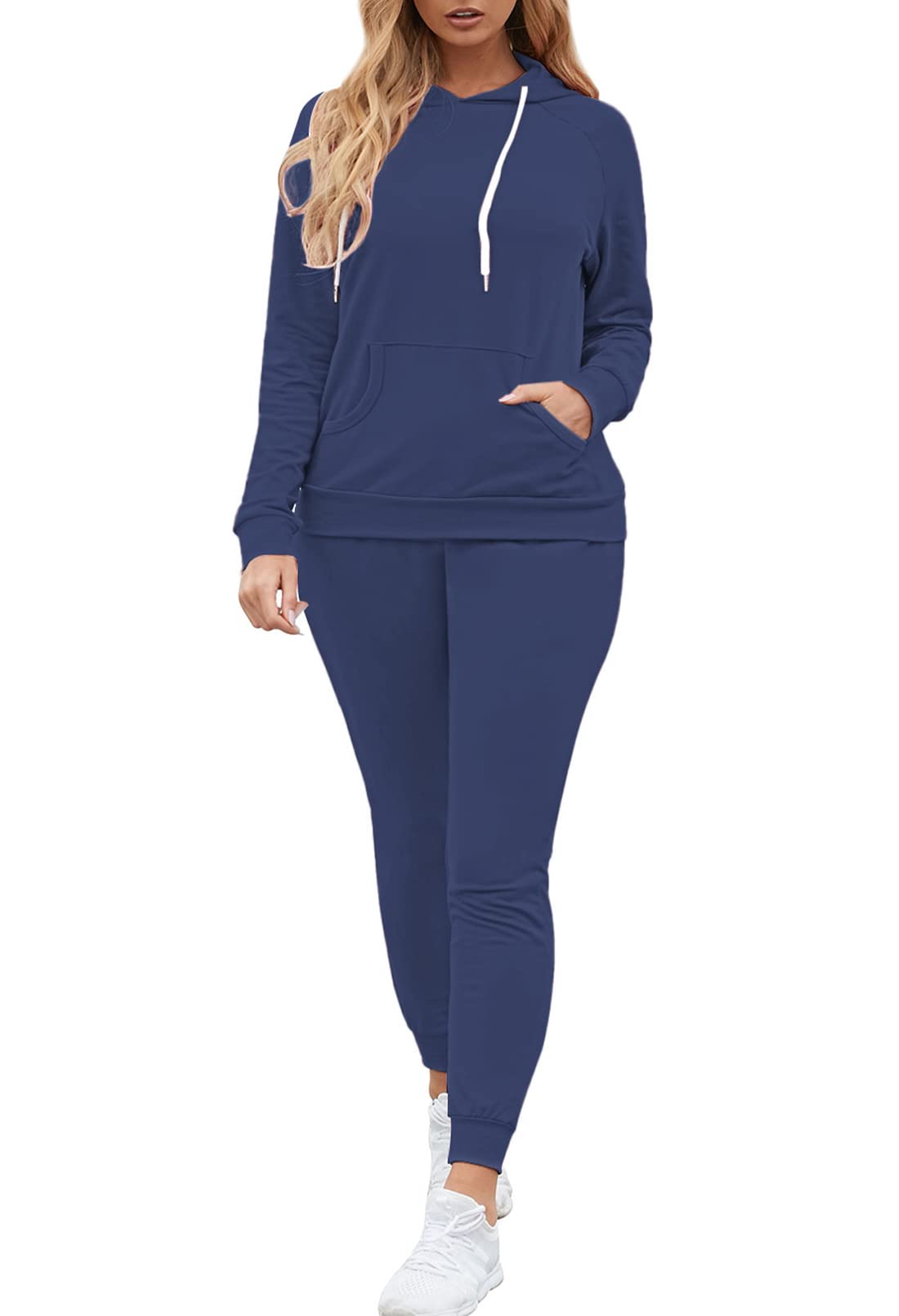 Fixmatti Hoodie Sweat Suit Women Clothing Long Sleeve Sweatpants Sport Jogger Set Navy Blue M