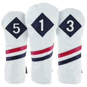 ram golf premium vintage style pu leather headcovers set, retro white, driver, fairway woods (1,3,5)