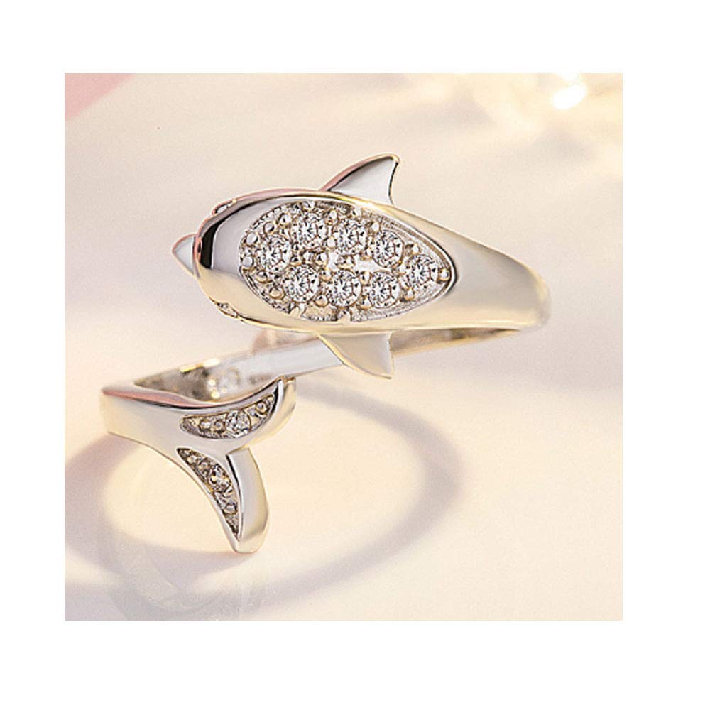 Dolphin Rings Whale Rings Stone Ring for Women Girls Teen Silver Plated Fish Ring CZ Adjustable Open Rings Toe Finger Ring Jewelry Birthday Gift