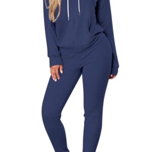 Fixmatti Hoodie Sweat Suit Women Clothing Long Sleeve Sweatpants Sport Jogger Set Navy Blue M