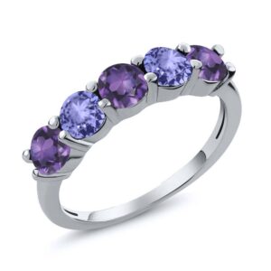 gem stone king 925 sterling silver purple amethyst and blue tanzanite wedding band ring for women (0.81 cttw, round 3.5mm, gemstone february birthstone, available in size 5, 6, 7, 8, 9)