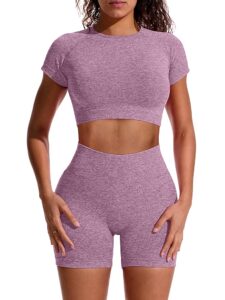 gxin women workout 2 piece outfit yoga stretch top set high waist sport shorts purplered