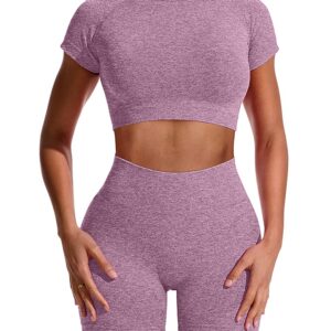 GXIN Women Workout 2 Piece Outfit Yoga Stretch Top Set High Waist Sport Shorts Purplered