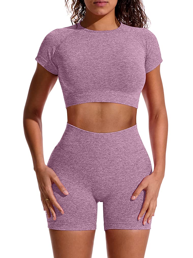 GXIN Women Workout 2 Piece Outfit Yoga Stretch Top Set High Waist Sport Shorts Purplered