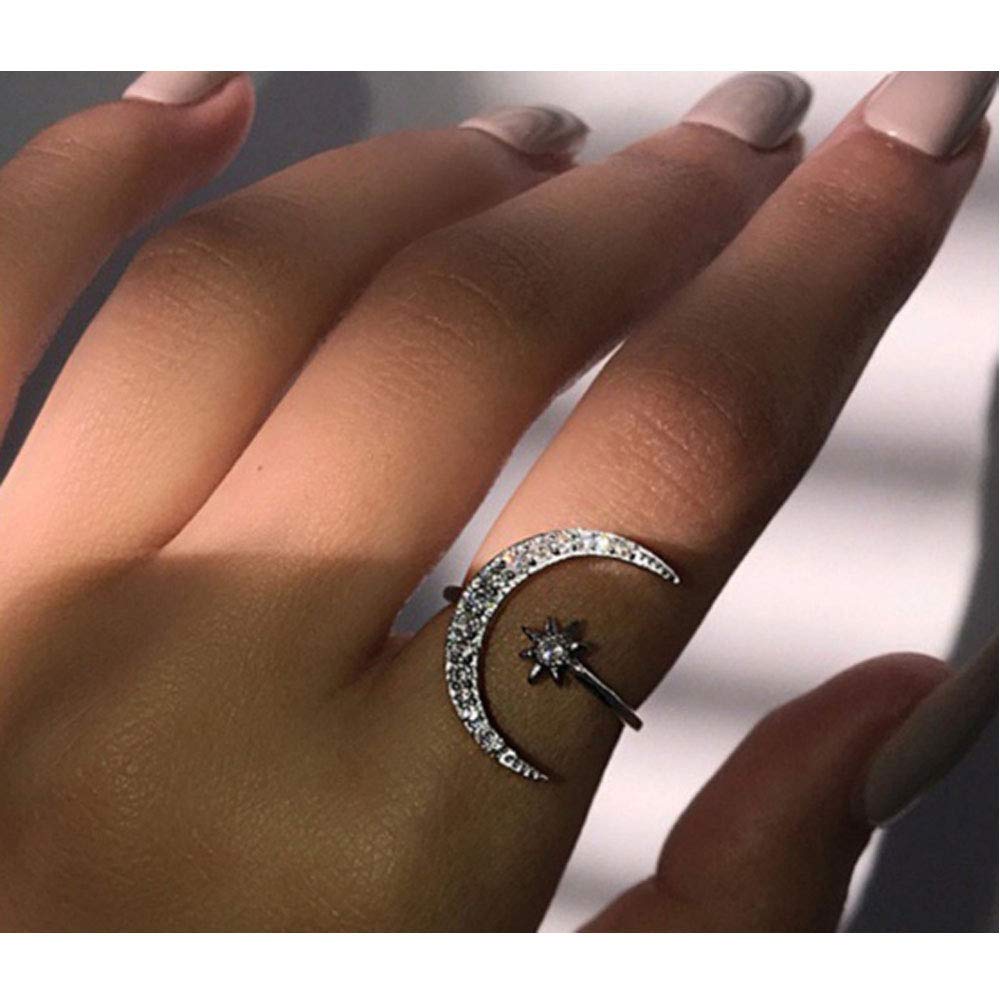 Dainty Moon Star CZ Adjustable Rings for Women Girls Teen Dainty Cute Sun Classic Statement Open Ring Stacking Toe Finger Band Ring Jewelry Birthday Gift (silver)