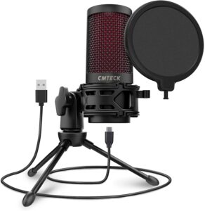 cmteck usb microphone, podcast microphone with pop filter & mute button, compatible desktop computer and laptop