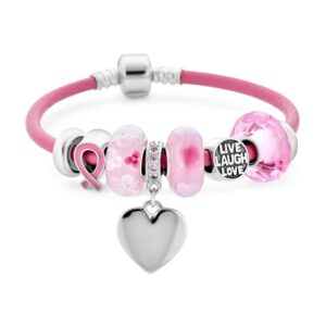 live love laugh support breast cancer survivor heart pink ribbon theme beads charm bracelet for women .925 sterling silver pink genuine leather barrel snap clasp bracelets 8 inch