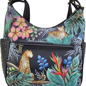 Anuschka Women's Hand-Painted Genuine Leather Classic Hobo With Studded Side Pockets - Jungle Queen