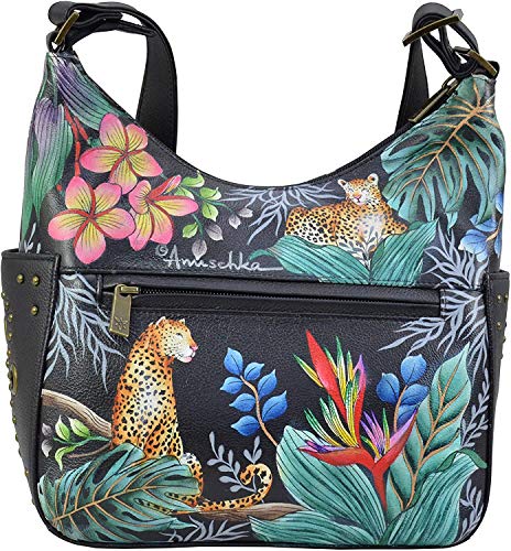 Anuschka Women's Hand-Painted Genuine Leather Classic Hobo With Studded Side Pockets - Jungle Queen