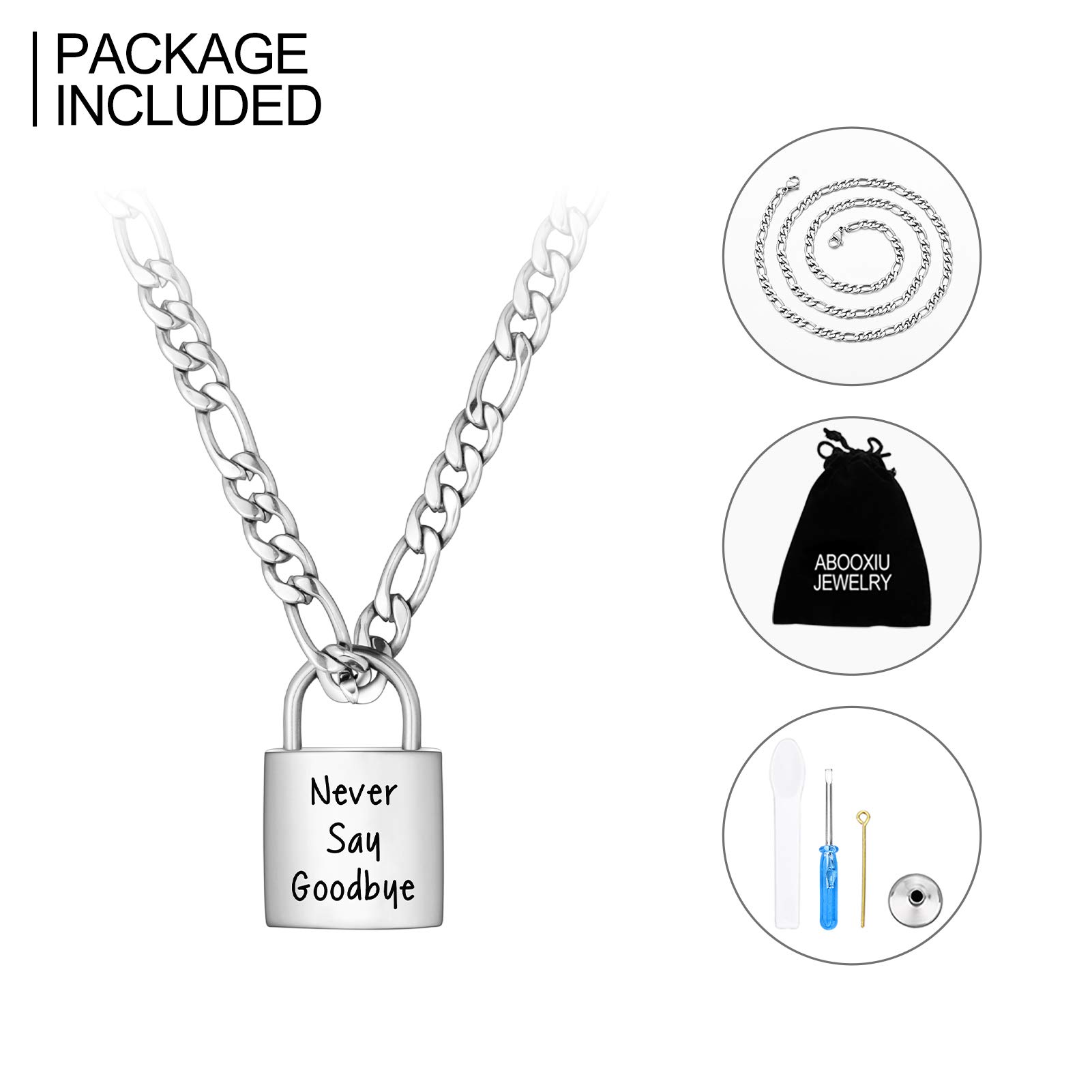 abooxiu Lock Urn Necklace for Ashes Stainless Steel Ashes Necklace Cremation Necklace for Human Ashes Memorial Ashes Holder - Never Say Goodbye